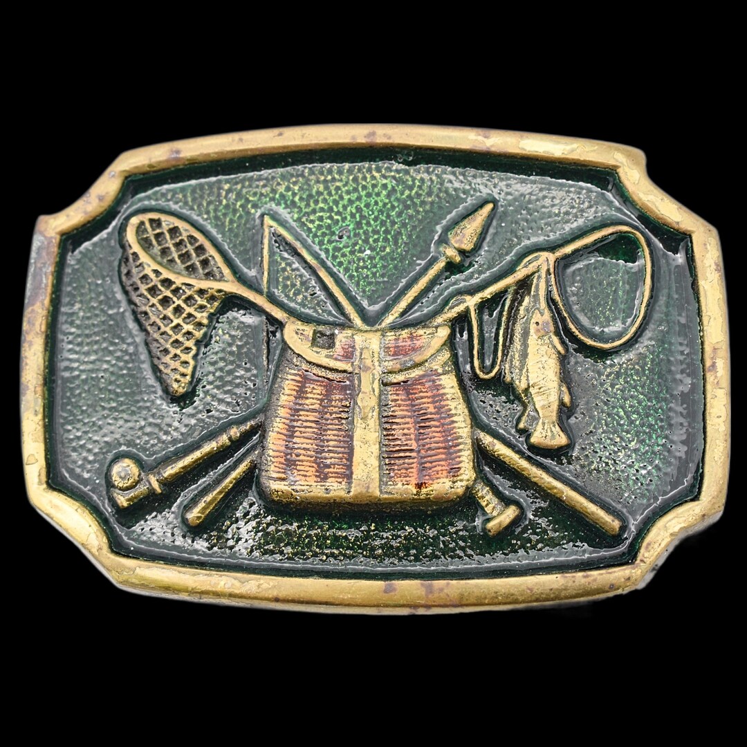 Fly Fishing Creel Rod Reel Net Solid Brass 1970s Vintage Belt Buckle by ...