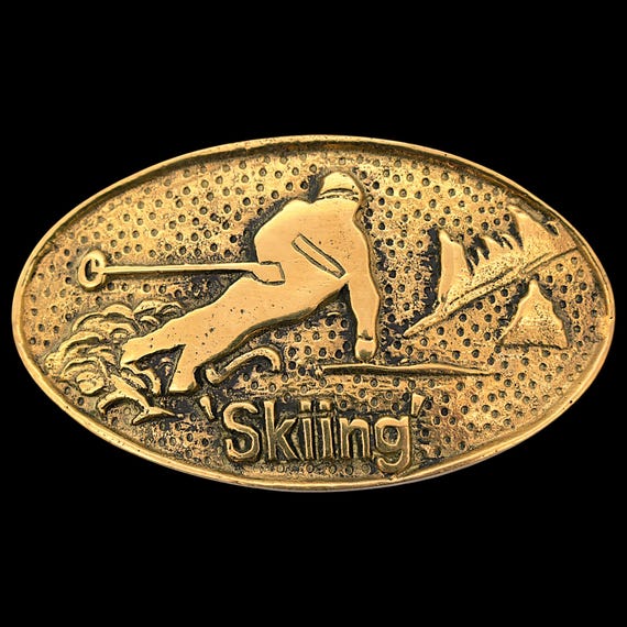 Solid Brass Skiing Downhill 1970s Vintage Belt Buckle… - Gem