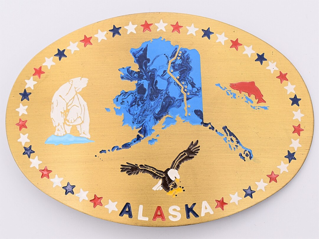 Alaska State Map TAPS Eagle Polar Bear Salmon Painted Stamped Metal ...