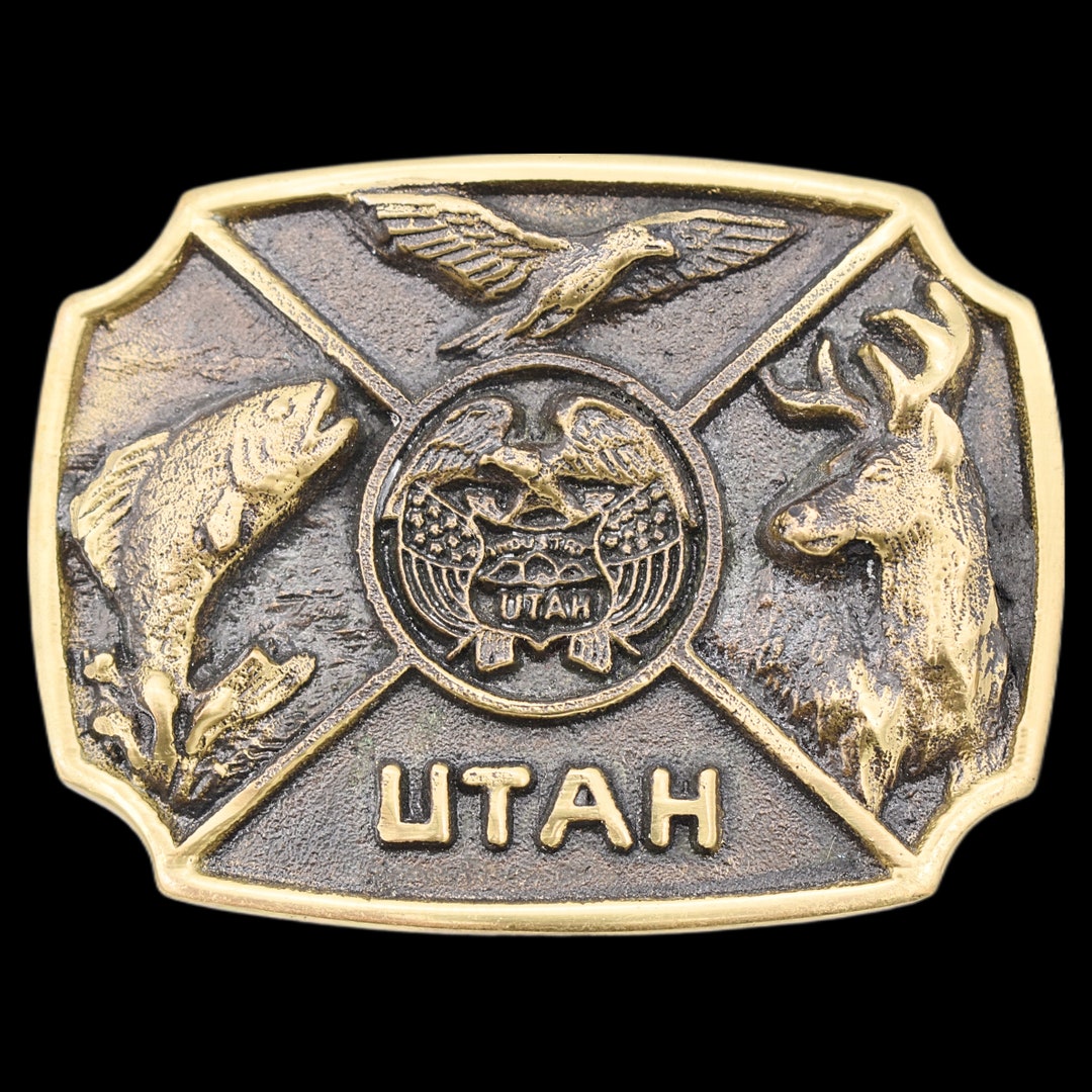 Solid Brass Utah Wildlife Hunting Fishin 1980s Vintage Belt Buckle - Etsy