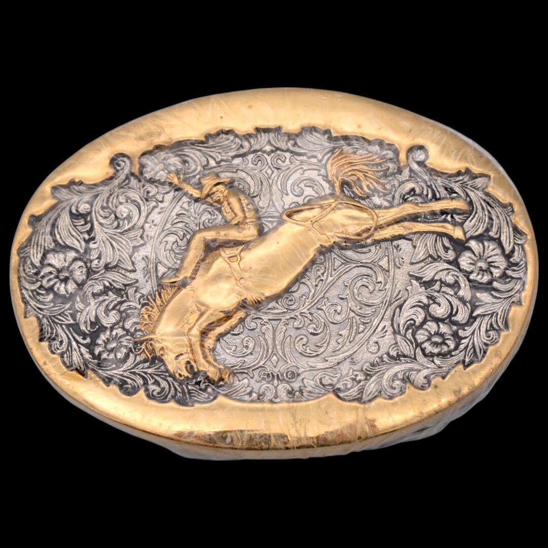 Bronc Rider Cowboy Gold & Silver Plate 1980s SMALL Vintage Belt Buckle ...