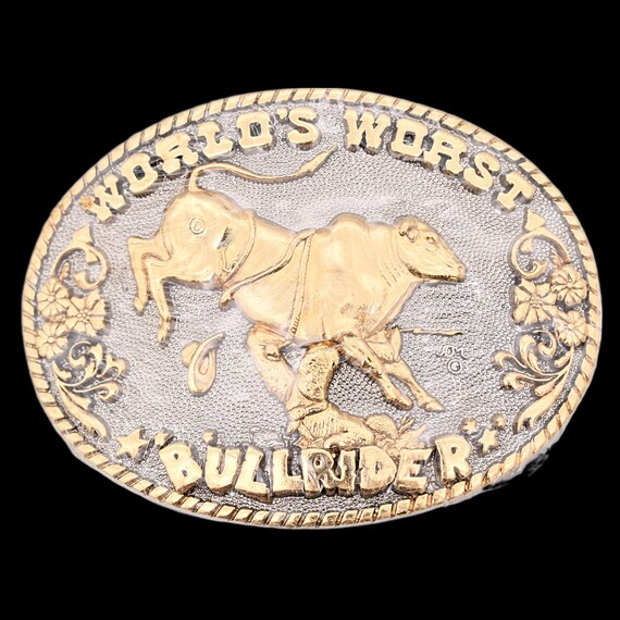 World's Worst Bull Rider Gold & Silver Plate Solid Br… - Gem