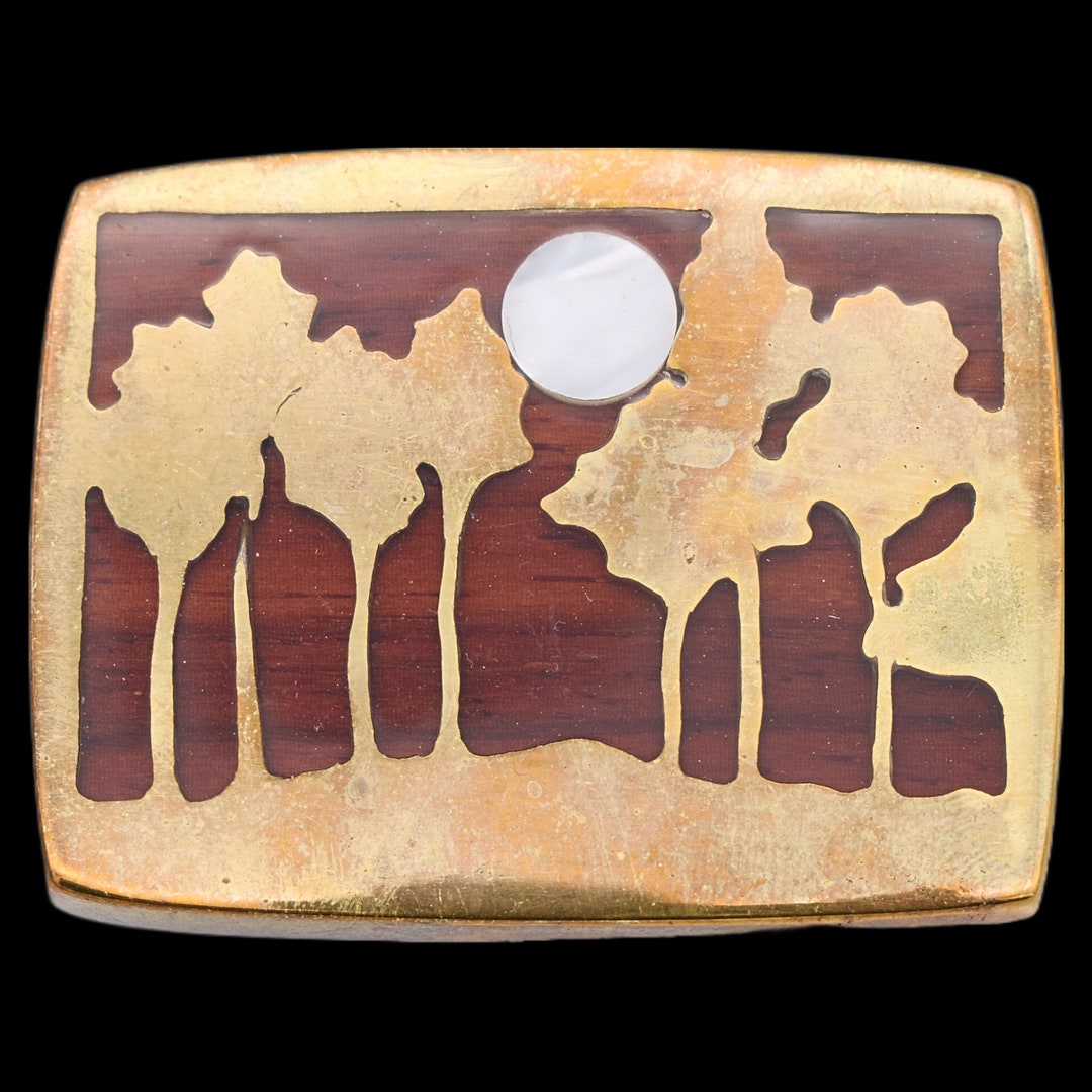 Solid Brass Wood Trees Moon MOP Vintage Belt Buckle - Etsy