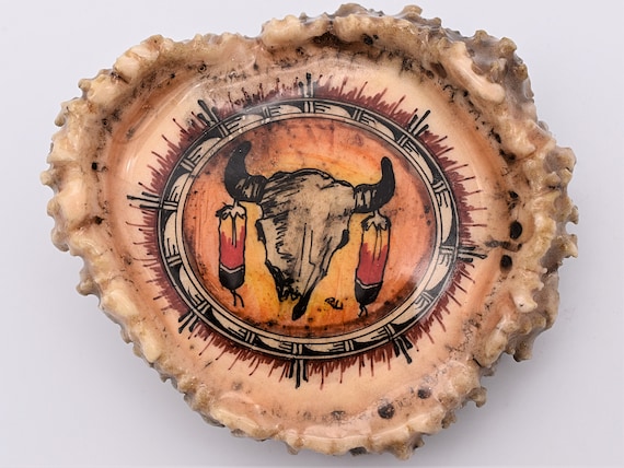 Feather Cow Skull Carved Deer/Elk Antler Handmade Vin… - Gem