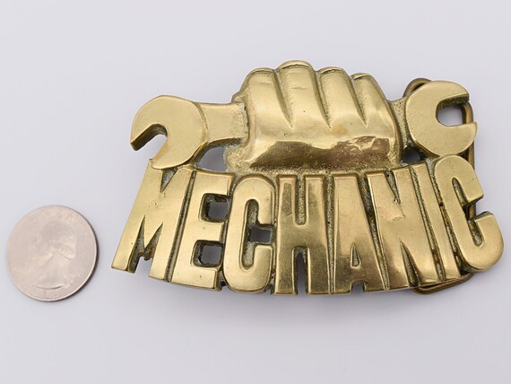 Mechanic Solid Brass 1980s Vintage Belt Buckle - Gem