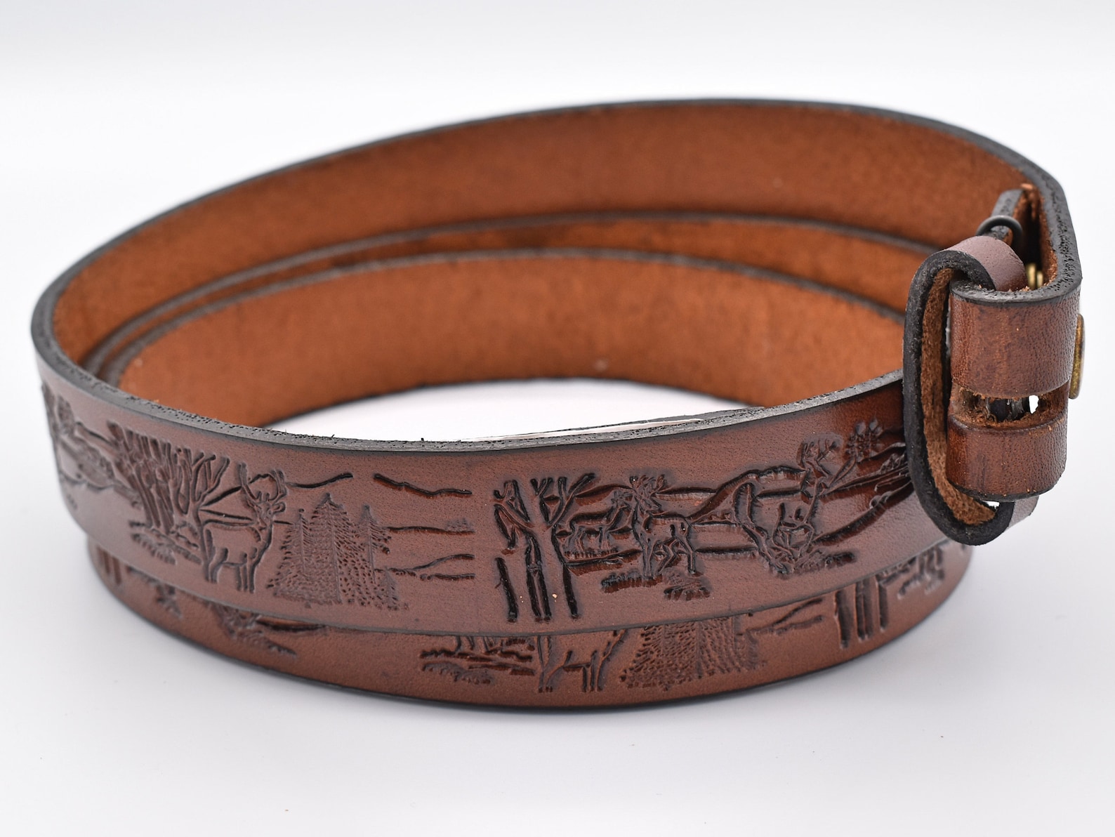 Vintage Genuine Leather Handmade Deer Buck Forest Woods Scene Belt ...