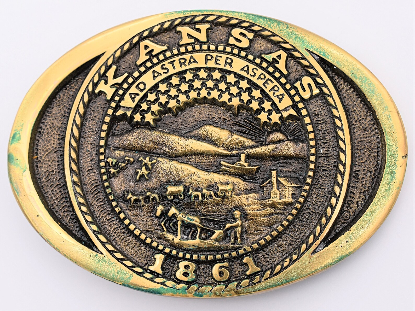 Solid Brass Kansas State Seal Vintage Belt Buckle W/bag & Papers - Etsy