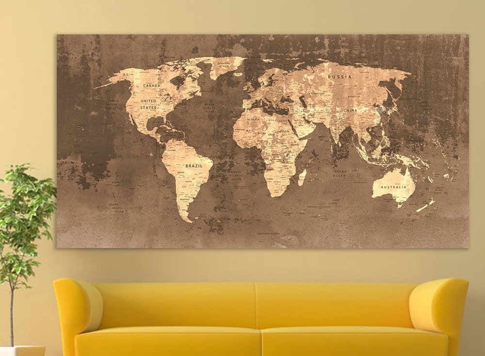 World Map Canvas Print Wall Art Push Pin World Map Wall Decor | Etsy