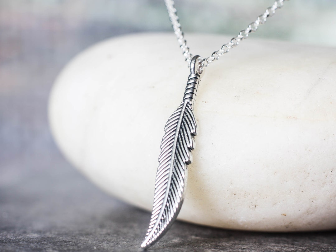 Native American Style Feather Necklace, Antique Silver Simple Feather ...