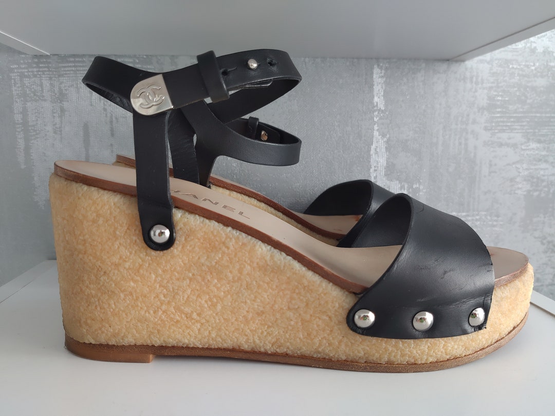 Chanel CC Black Leather Heels Wedge Sole Platform Sandals - Etsy