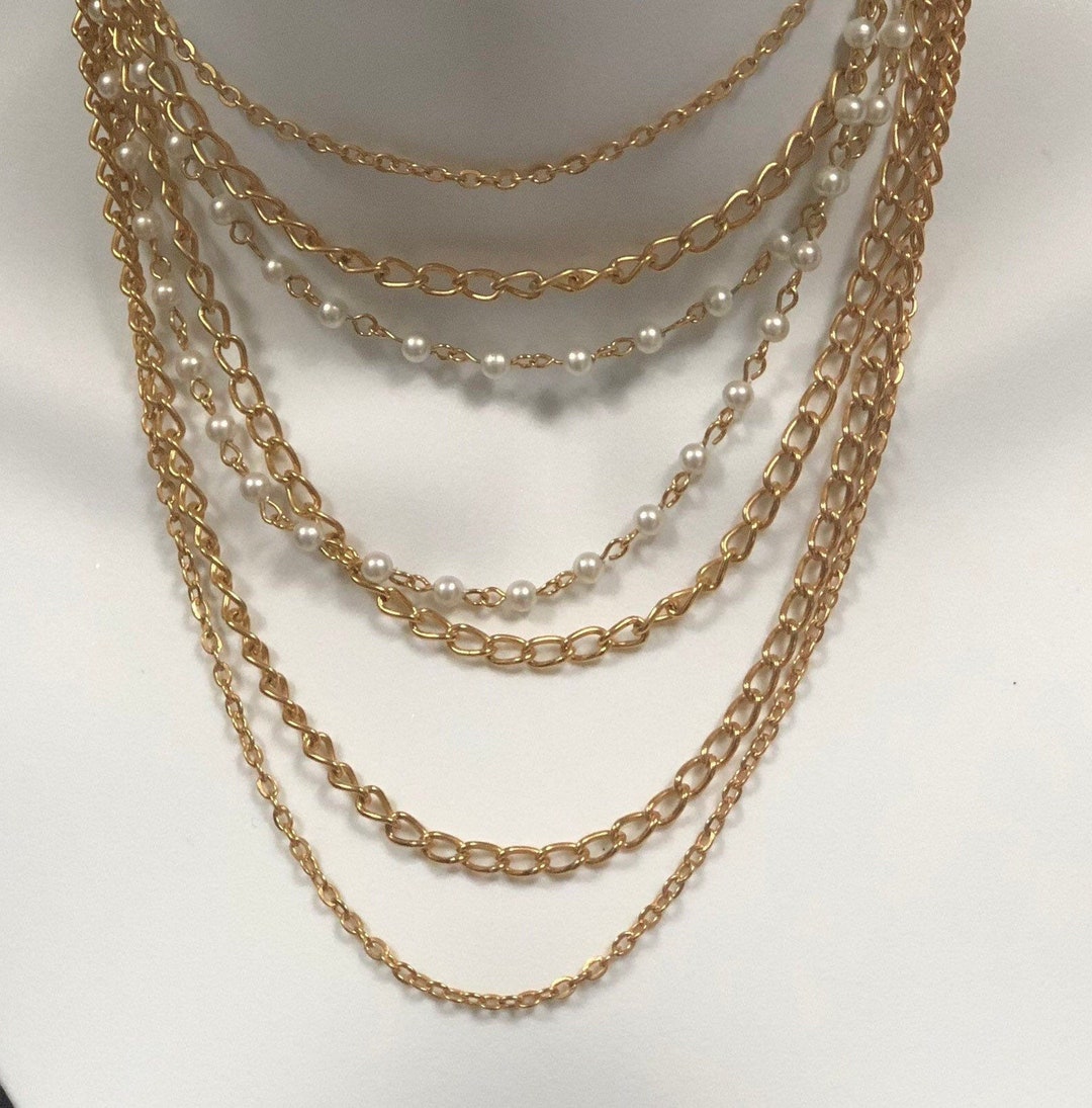Beautiful Vintage Long Chain Necklace, Faux Pearls and Gold Colored ...