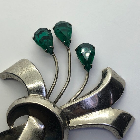 STERLING SILVER Green Brooch, Green Rhinestone Brooch… - Gem