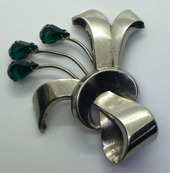 STERLING SILVER Green Brooch, Green Rhinestone Brooch… - Gem