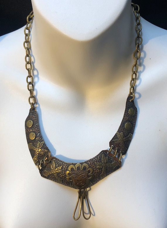 Mexican Copper & Brass Aztec Warrior Face Mask Neckla… - Gem