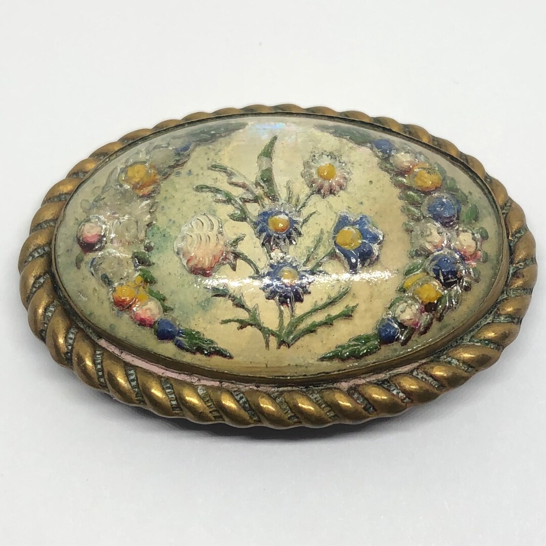 Antique Reverse Glass Intaglio Hand Painted Dome Floral Brooch, Forget ...