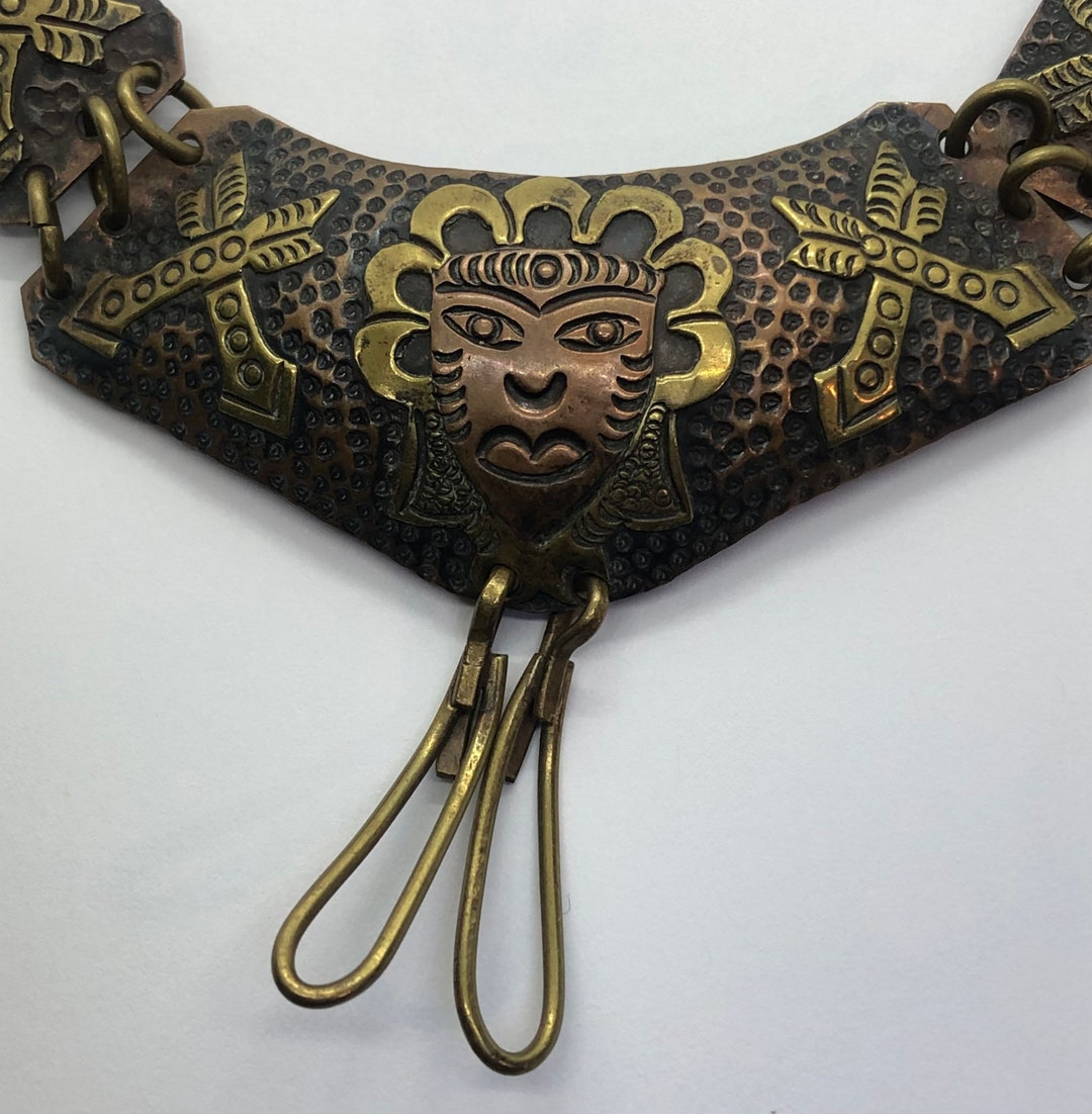 Mexican Copper & Brass Aztec Warrior Face Mask Necklace, Bib Vintage ...