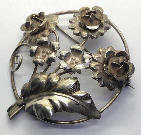STERLING SILVER Roses Flower Brooch - Gem