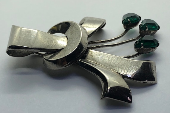 STERLING SILVER Green Brooch, Green Rhinestone Brooch… - Gem
