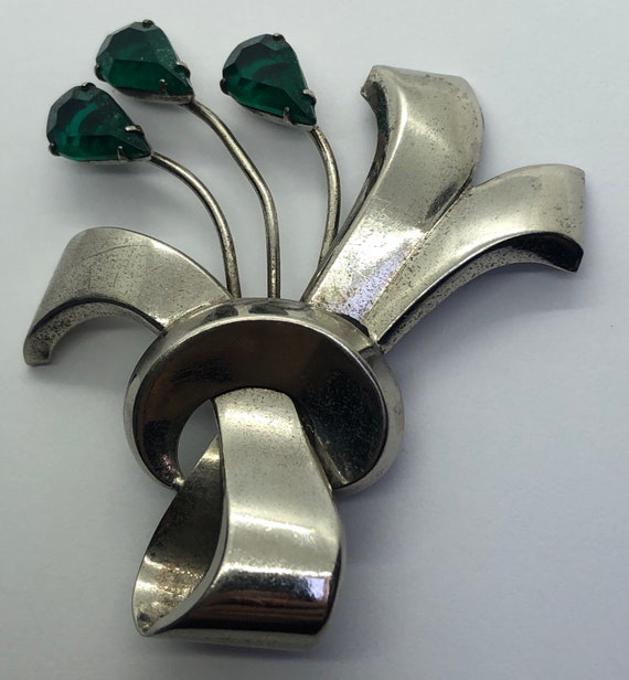 STERLING SILVER Green Brooch, Green Rhinestone Brooch… - Gem