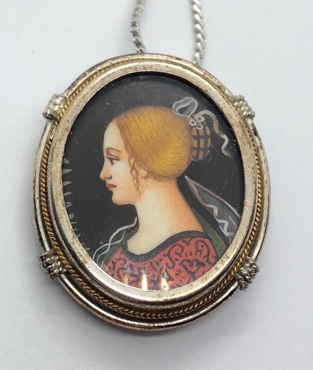 Victorian Hand Painted Miniature Necklace, 800 Silver Mini Portrait ...