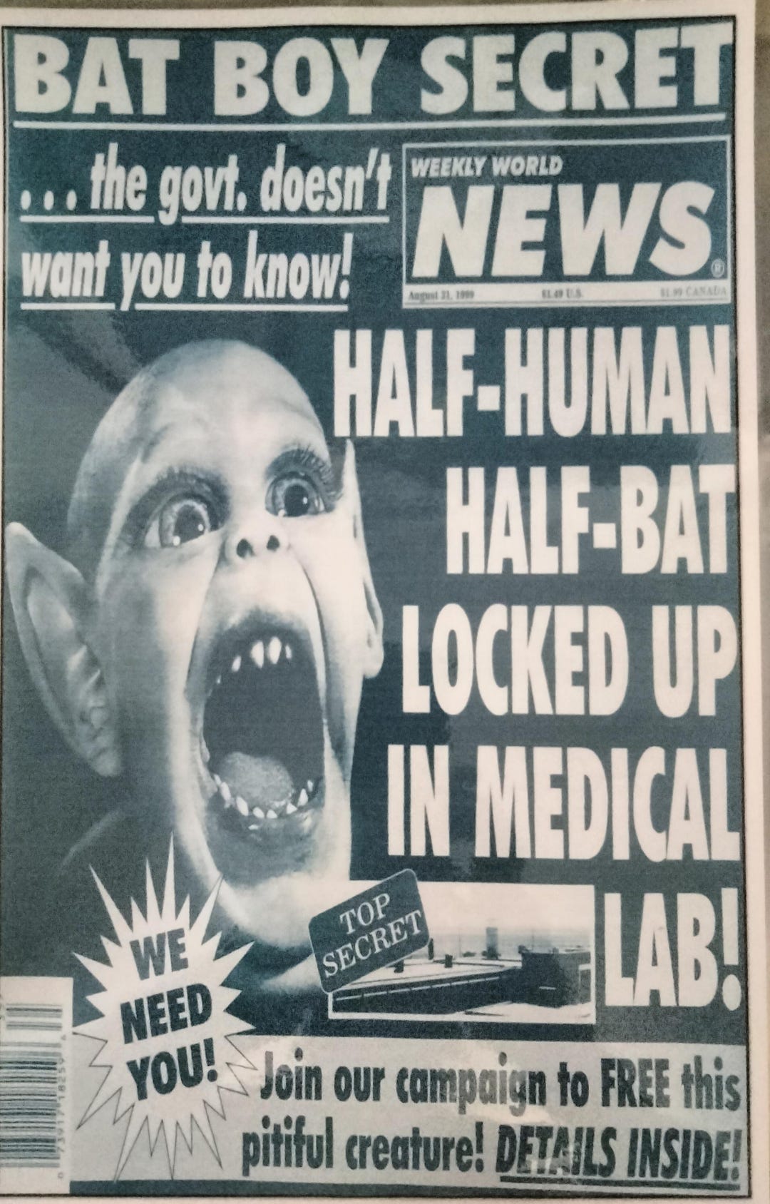 BAT BOY Locked in Medical Lab Weekly World News Cover Laminated Print ...