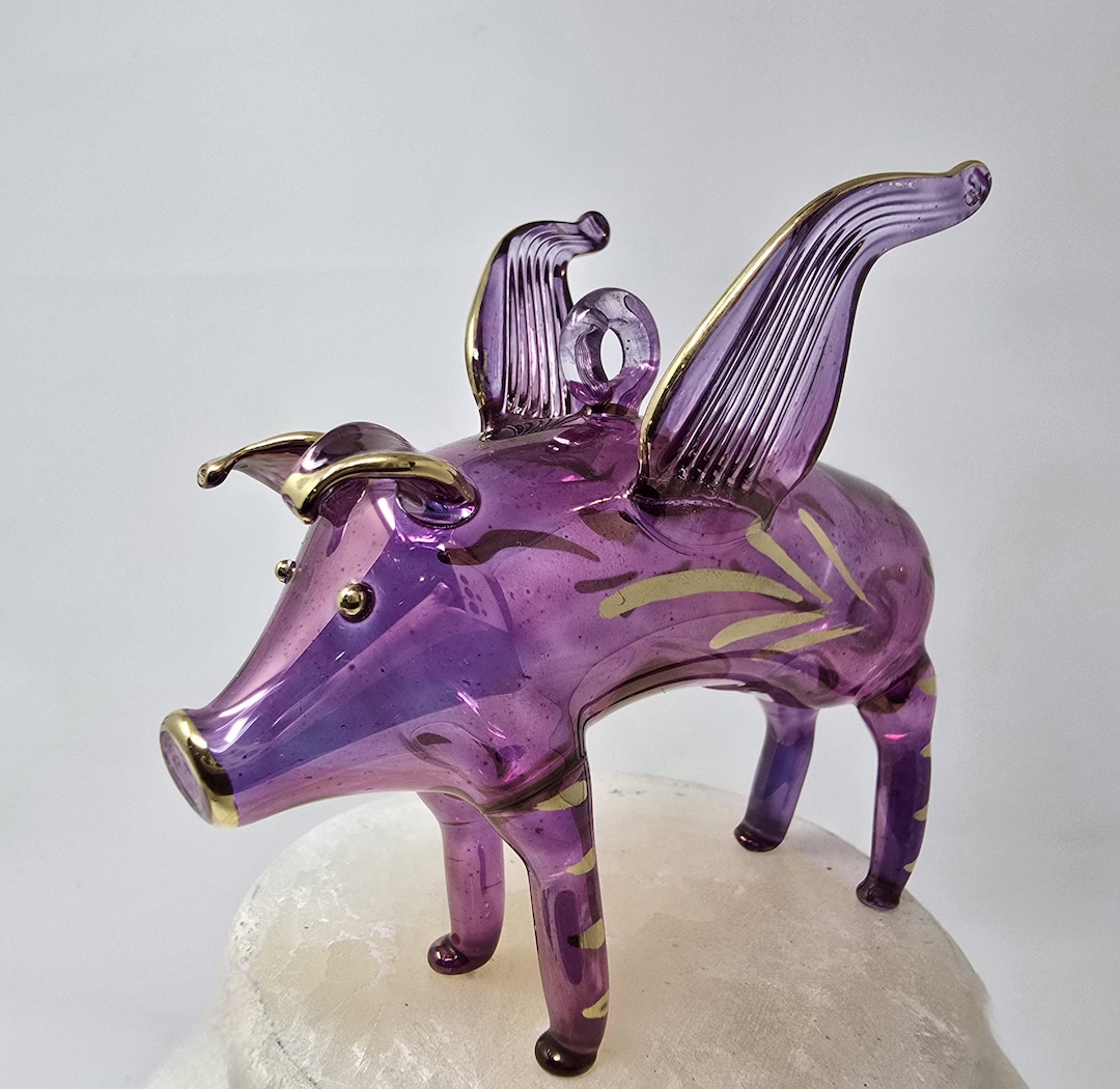 Whimsical Handblown Glass Flying Pig With Colored Wings & 21k Gold ...
