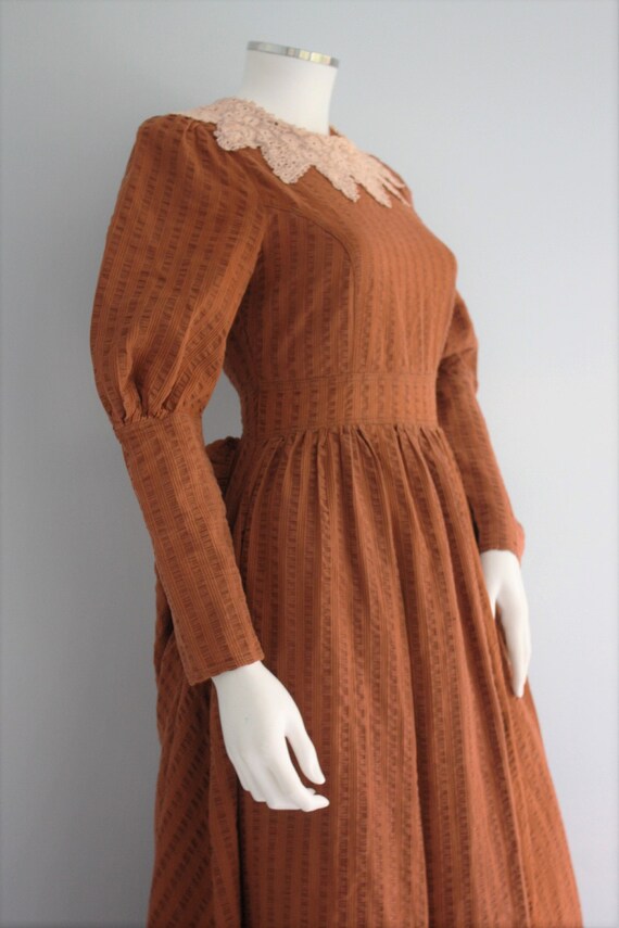 Early LAURA ASHLEY bustle dress, tan brown seer sucke… - Gem