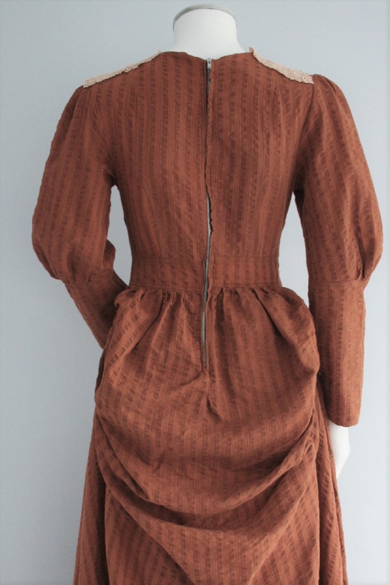 Early LAURA ASHLEY bustle dress, tan brown seer sucke… - Gem