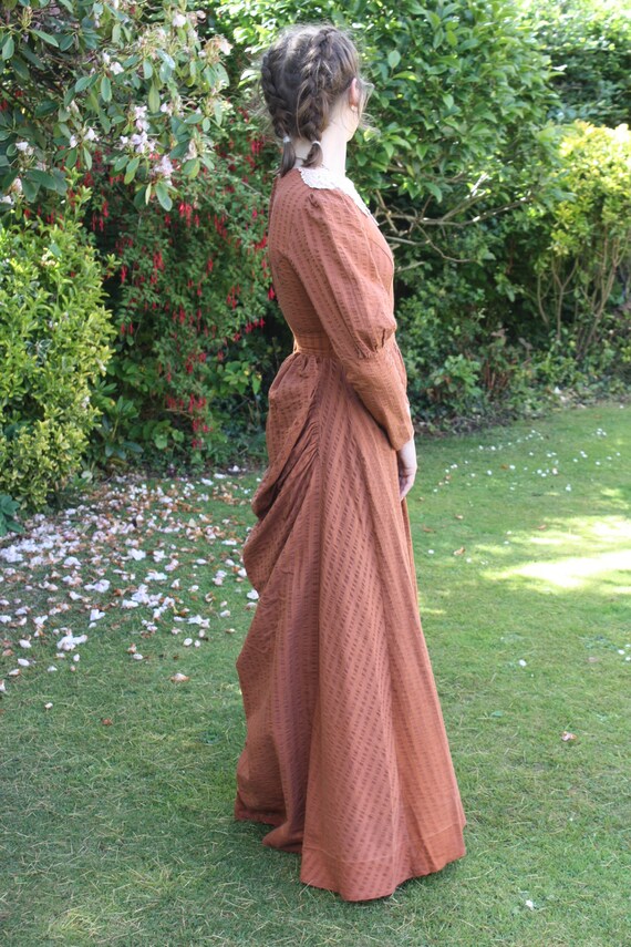 Early LAURA ASHLEY bustle dress, tan brown seer sucke… - Gem