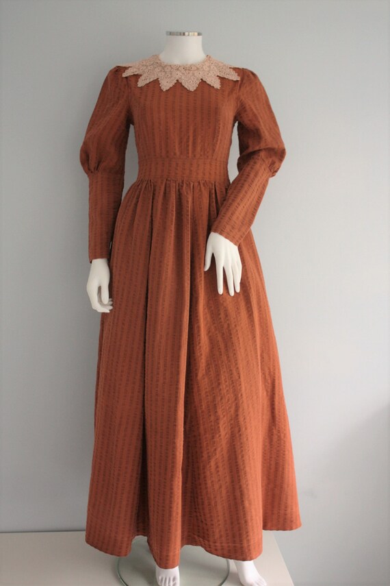 Early LAURA ASHLEY bustle dress, tan brown seer sucke… - Gem