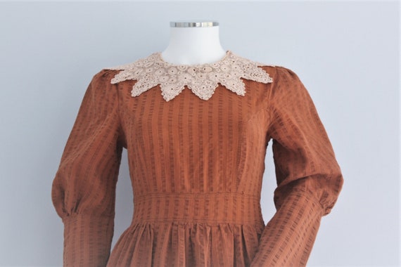Early LAURA ASHLEY bustle dress, tan brown seer sucke… - Gem