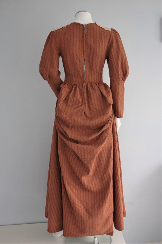 Early LAURA ASHLEY bustle dress, tan brown seer sucke… - Gem