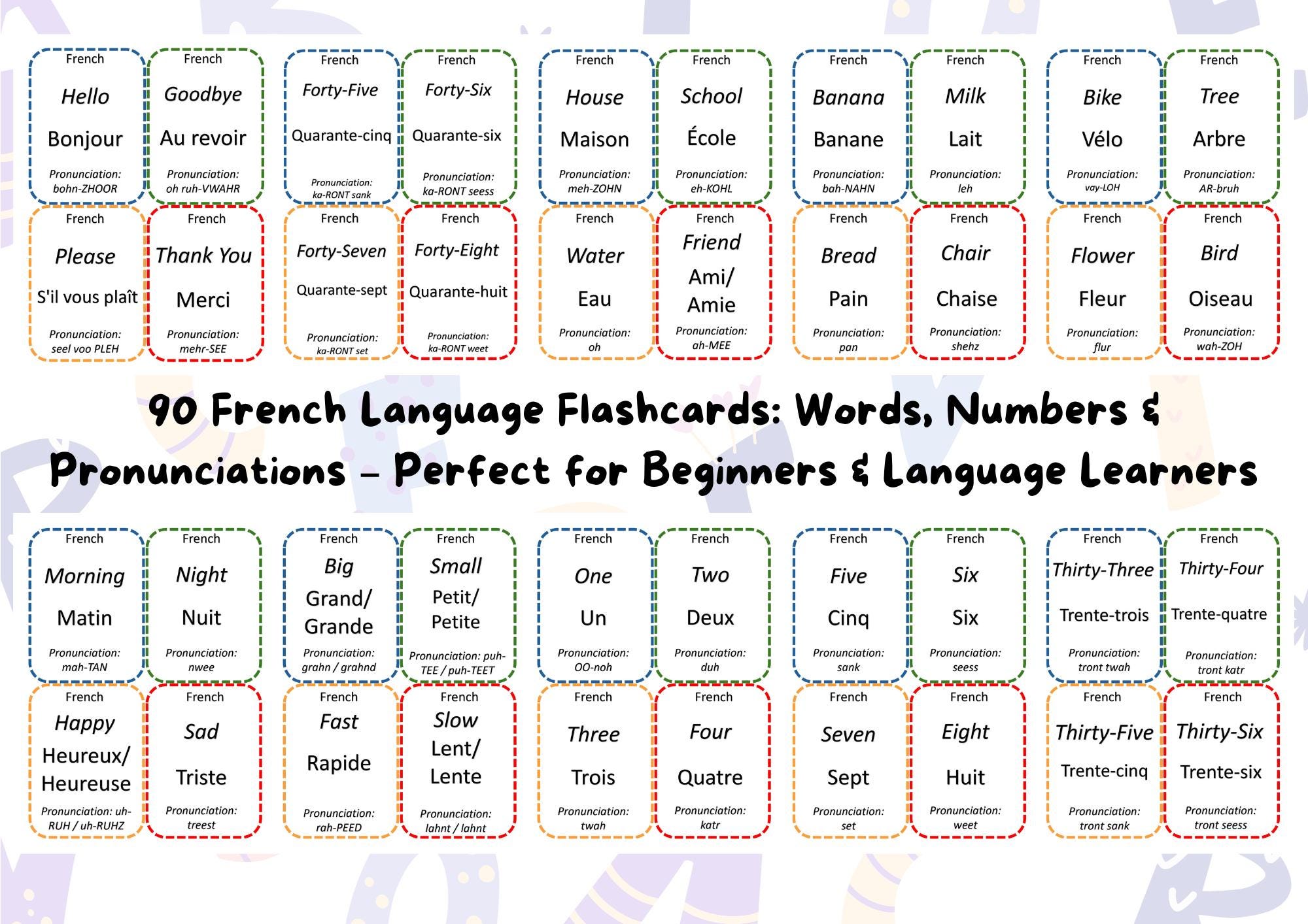 90 French Language Flashcards: Words, Numbers & Pronunciations ...