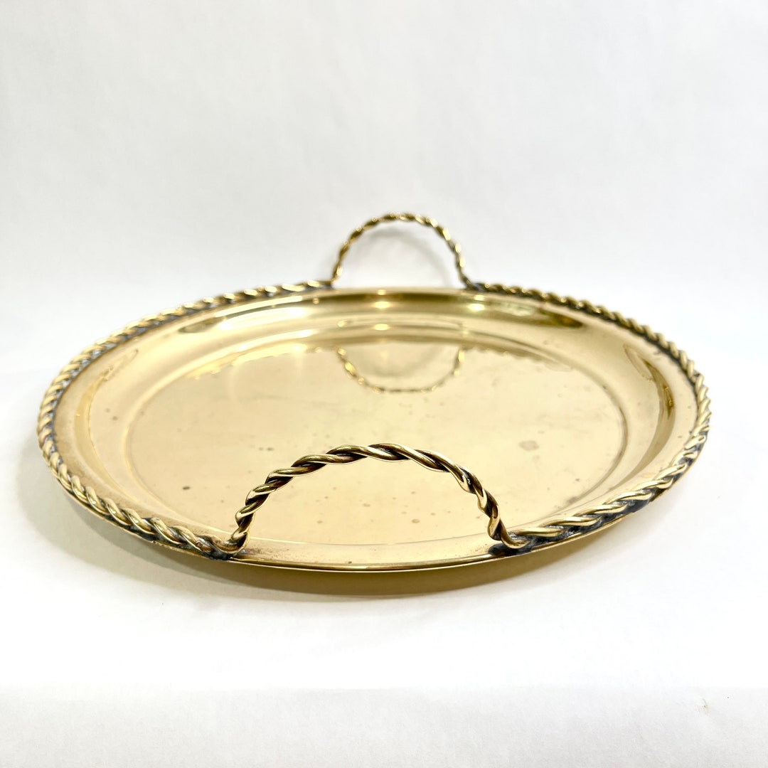 Vintage Brass Tray, Solid Brass Round Tray, Tray With Handles, Barware ...