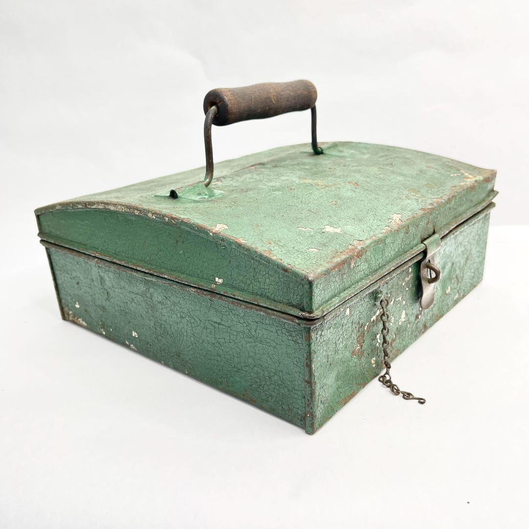 Vintage Green Metal Box, Square Tool or Military Chest, Tackle Box ...