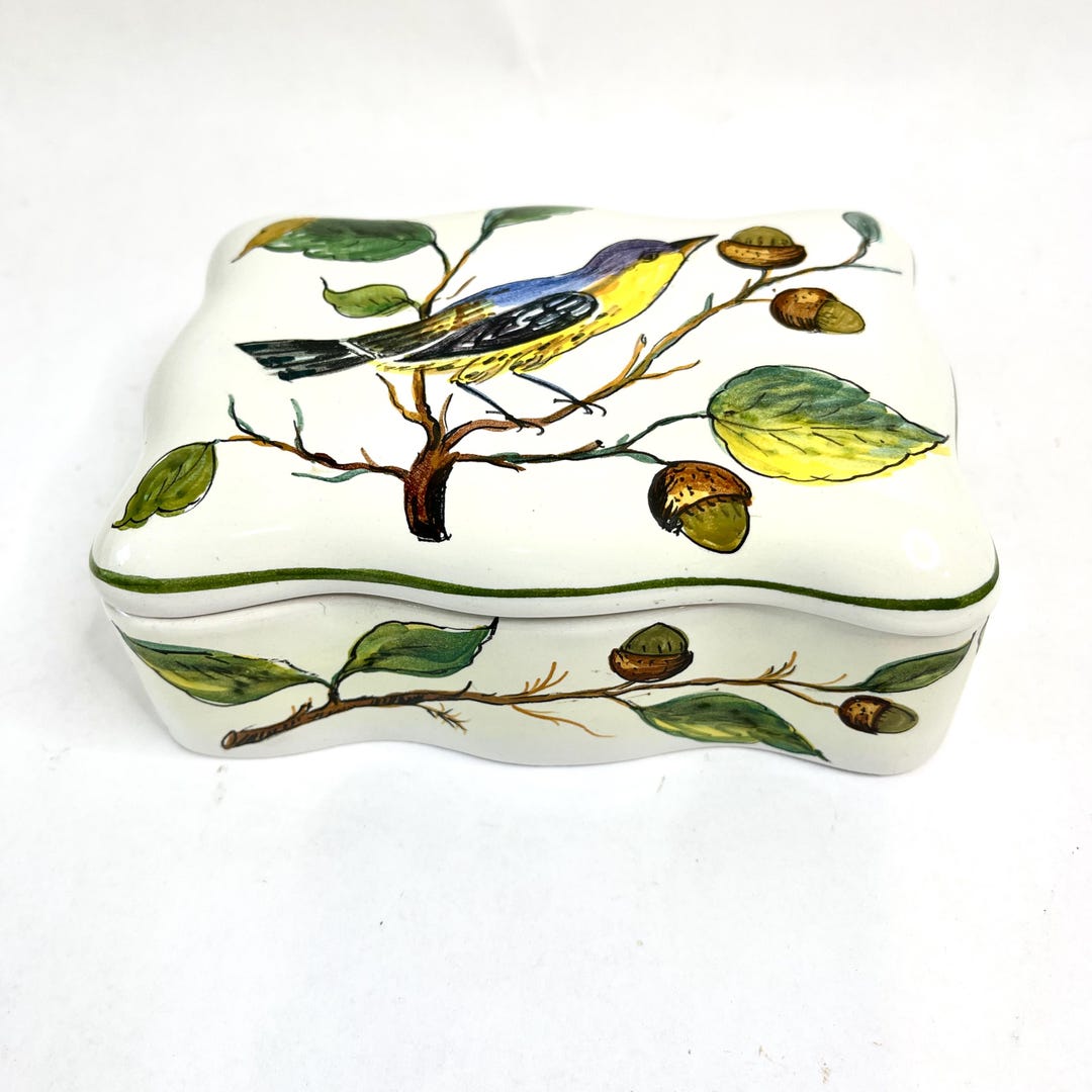 Vintage Ceramic Box, Hand Painted Bird Design, Made in Italy, Trinket ...