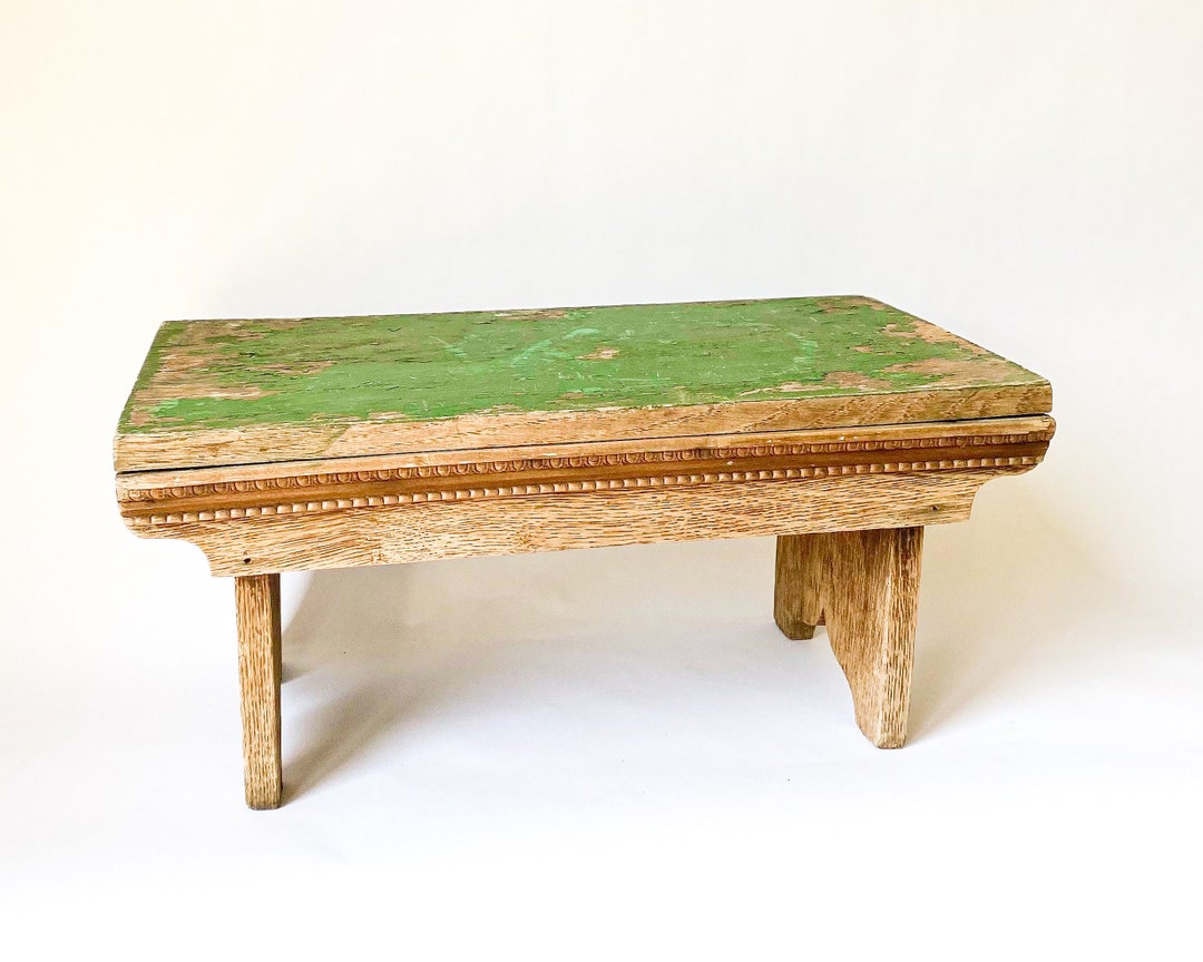 Vintage Wood Stool, Chippy Green Farmhouse Stool, Green Wood Stool ...