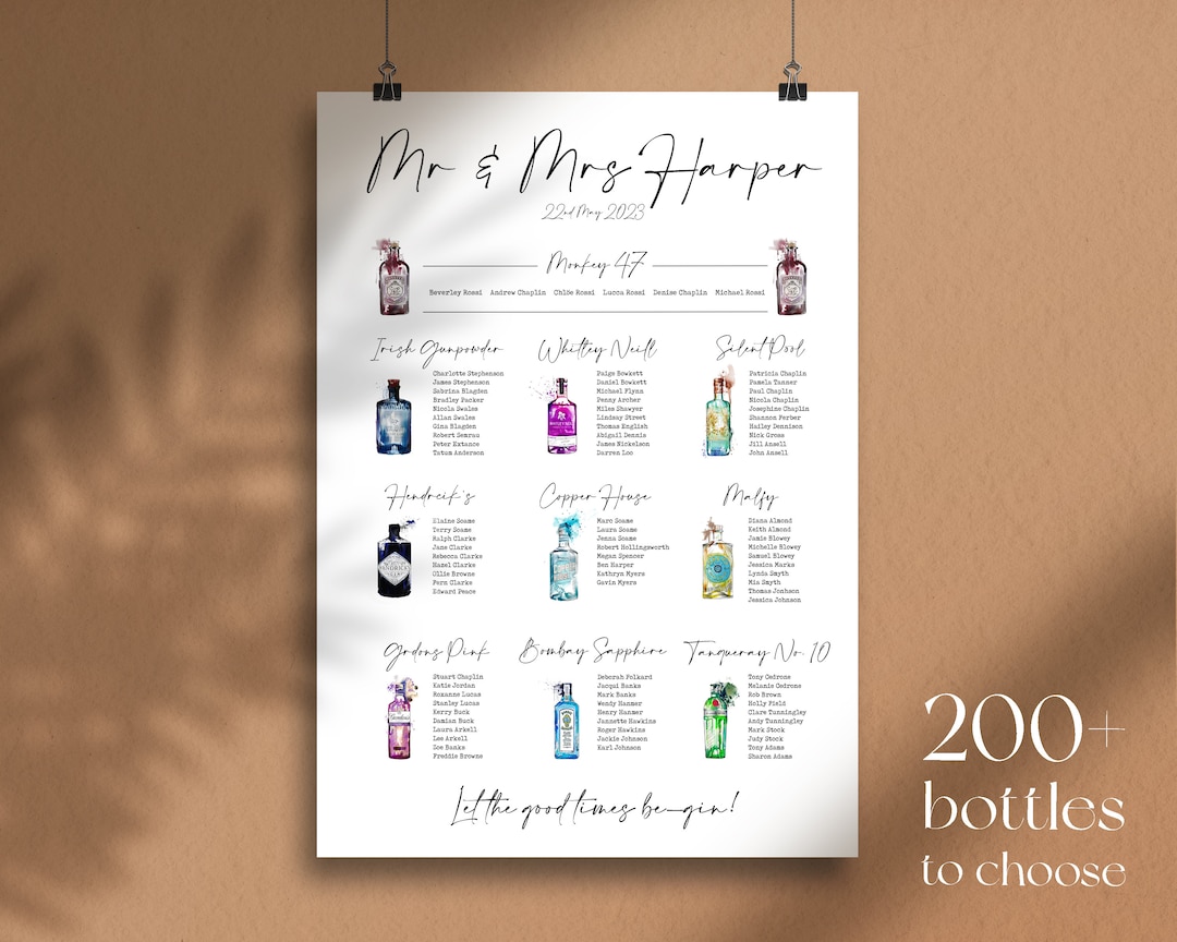 GIN Table Plan Seating Chart Wedding Bottle - Etsy UK