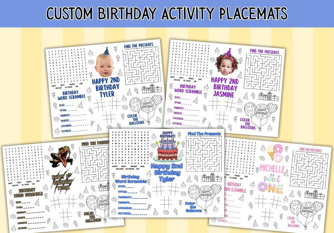 Custom Birthday Activity Placemat – Personalized Party Table Game Sheet ...