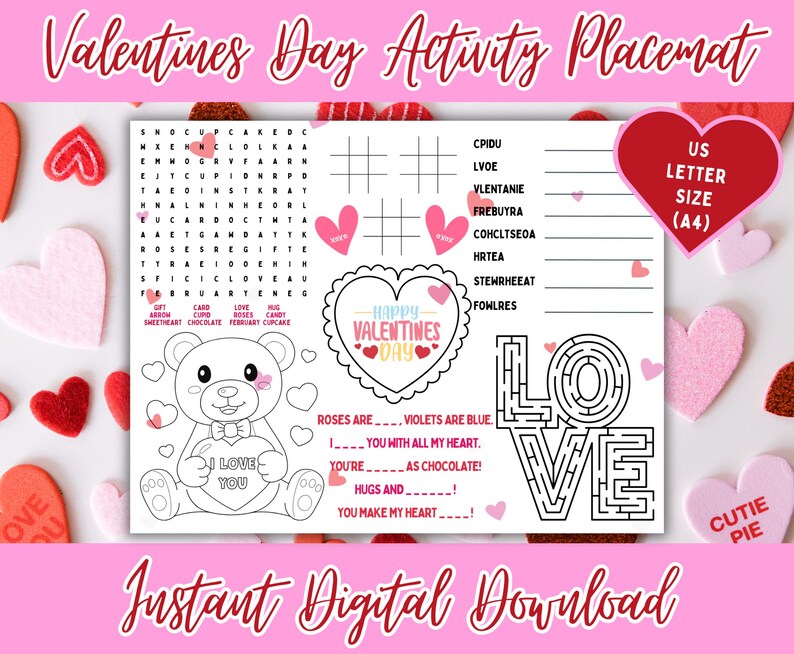 Valentines Day Coloring Page Activity Placemat Activity Sheet - Etsy