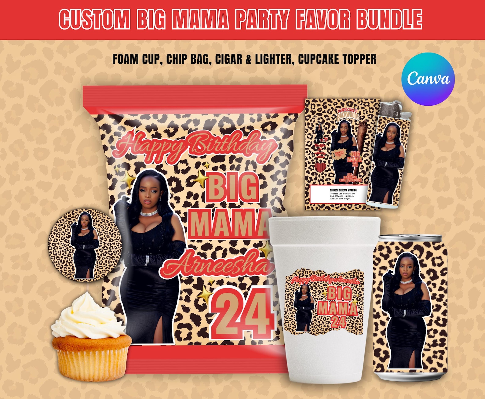 Big Mama Party Favor Bundle – Leopard Cheetah Print – Foam Cup, Cigar ...