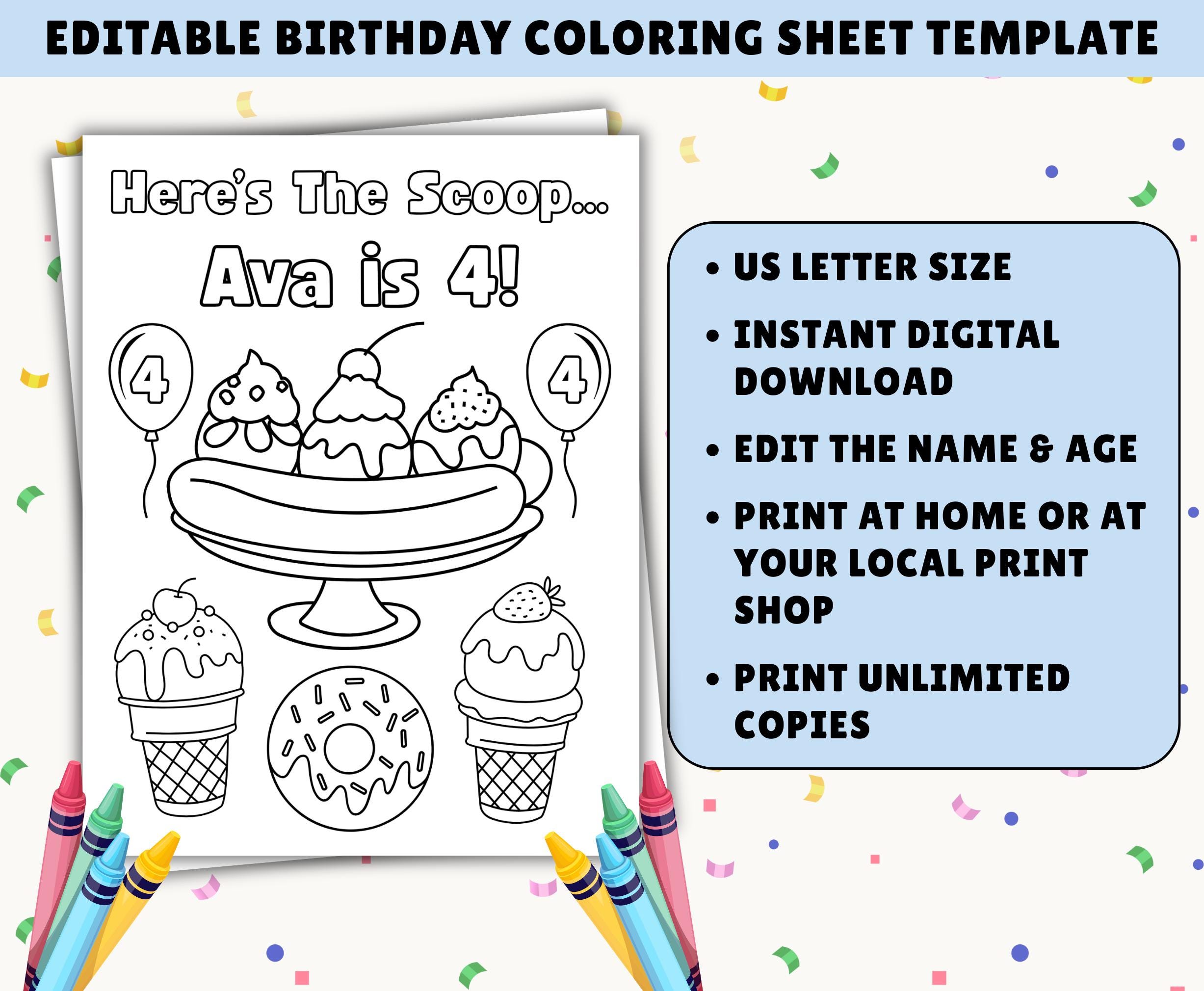 Editable Ice Cream Coloring Page | Here’s the Scoop Theme | Birthday ...