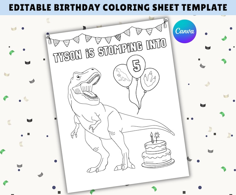 Editable Dinosaur Birthday Coloring Page | Dino Party Theme | Custom ...