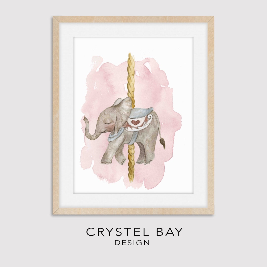 Elephant Carousel Girls Room Nursery Art Print Watercolor Wall Art ...