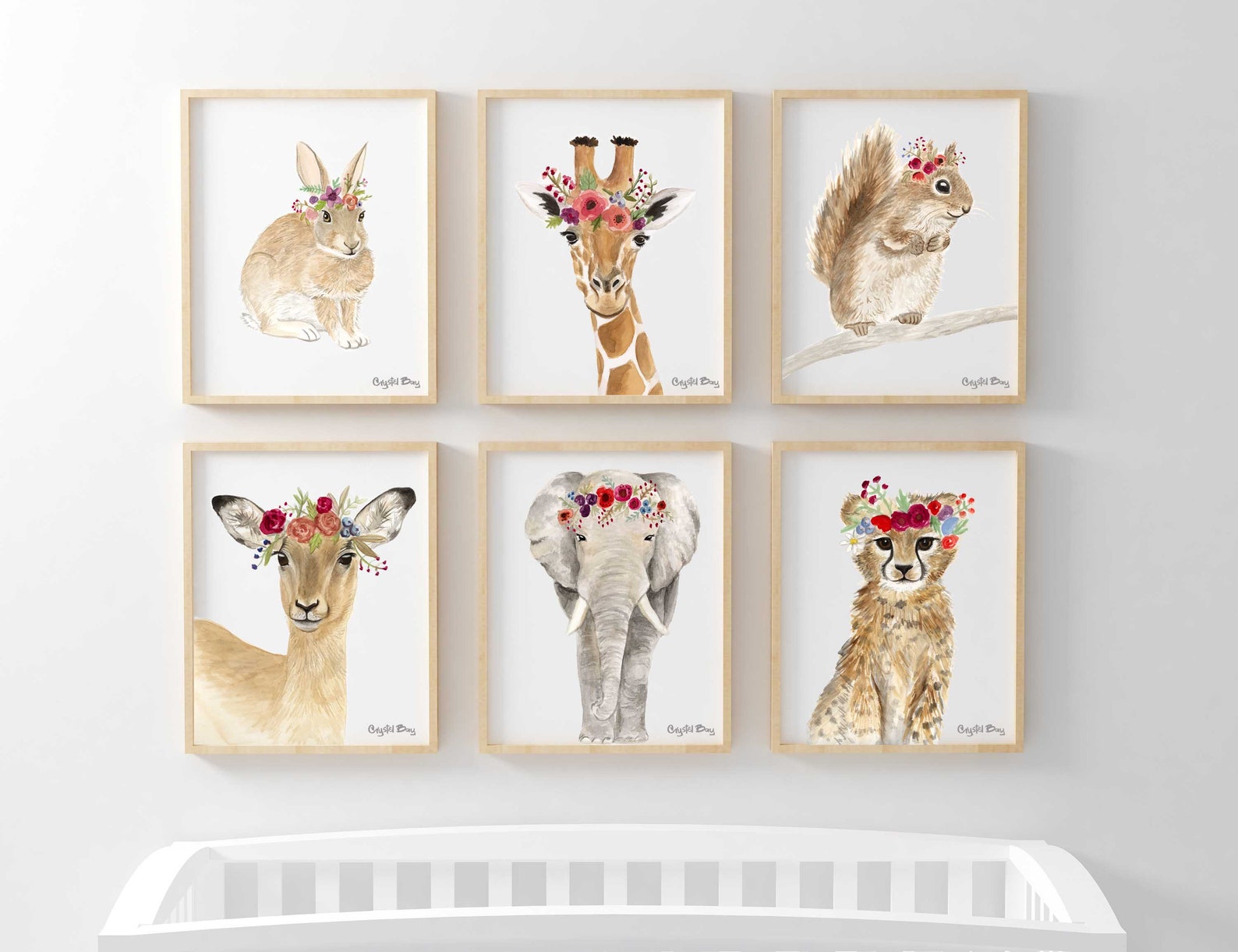 Flower Crown Animals Wall Decor Set of 6 Nursery Art - Etsy