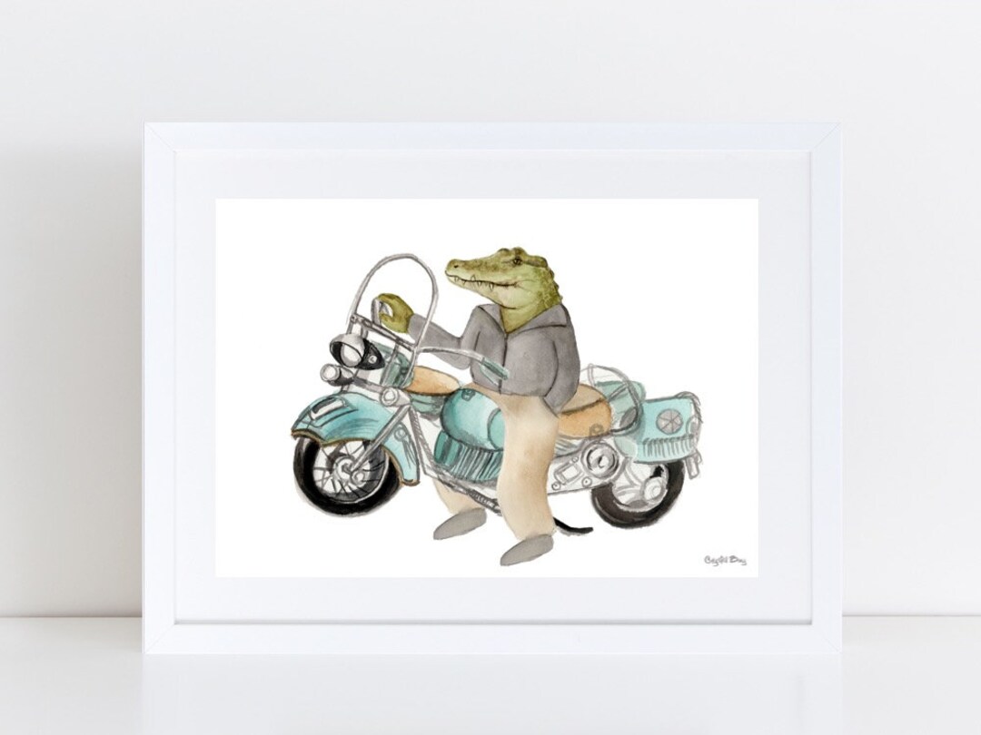 Crocodile Riding Motorcycle Watercolor Wall Art Wall Decor - Etsy