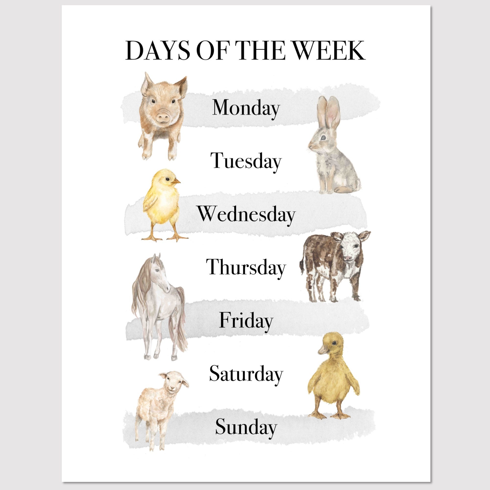 Days of the Week Animals Watercolor Kids Room Art Animal | Etsy