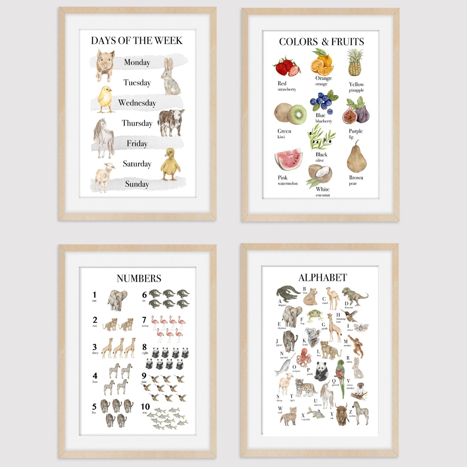 Animal Numbers Watercolor Kids Room Art Nursery Art Animal | Etsy