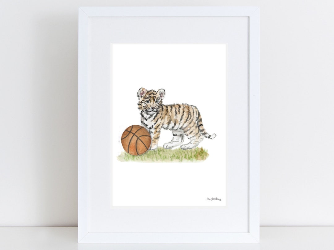 Tiger Playing Basketball Watercolor Wall Art, Wall Decor, Nursery Art ...