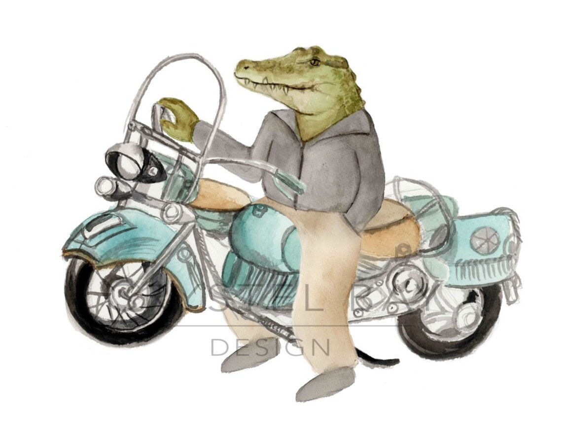 Crocodile Riding Motorcycle Watercolor Wall Art Wall Decor - Etsy